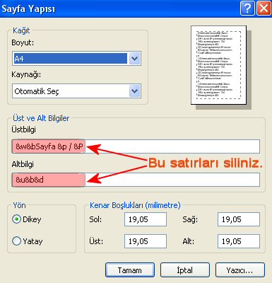 Sayfa Boyutu ve diğer alanları yazıcınıza uygun olarak doldurunuz.